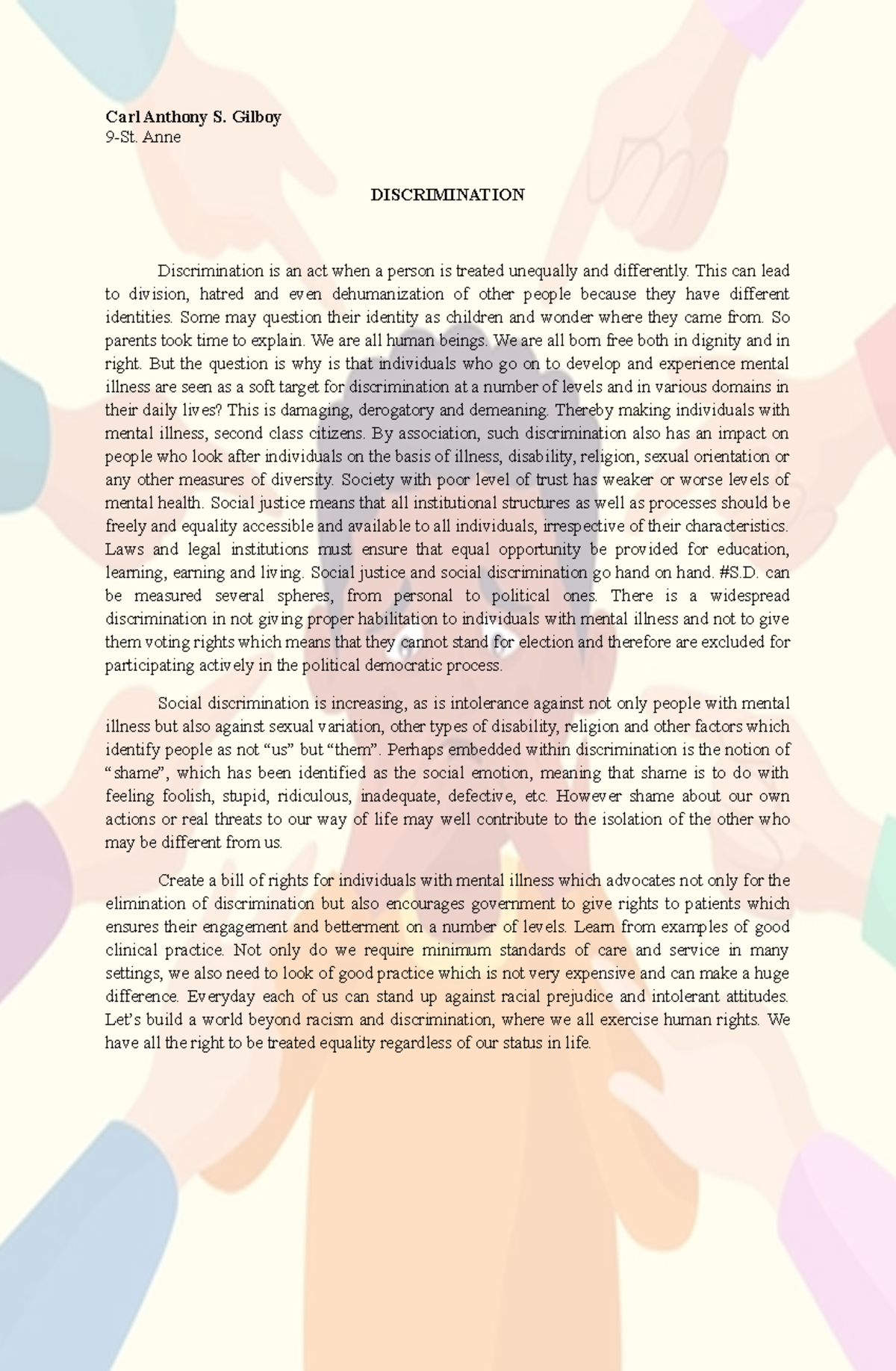 Discrimination - Carl Anthony S. Gilboy 9-St. Anne DISCRIMINATION ...
