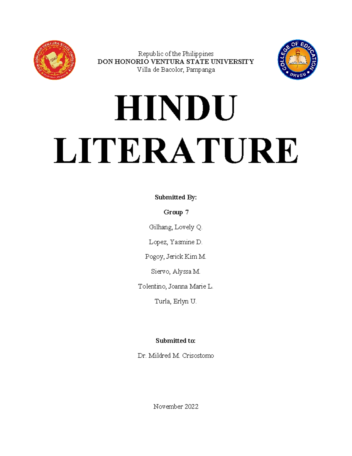 Hindu Literature - Written Report - Republic of the Philippines DON ...