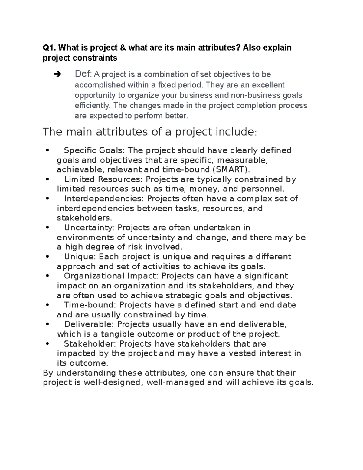 Pm questions - project report - Q1. What is project & what are its main ...