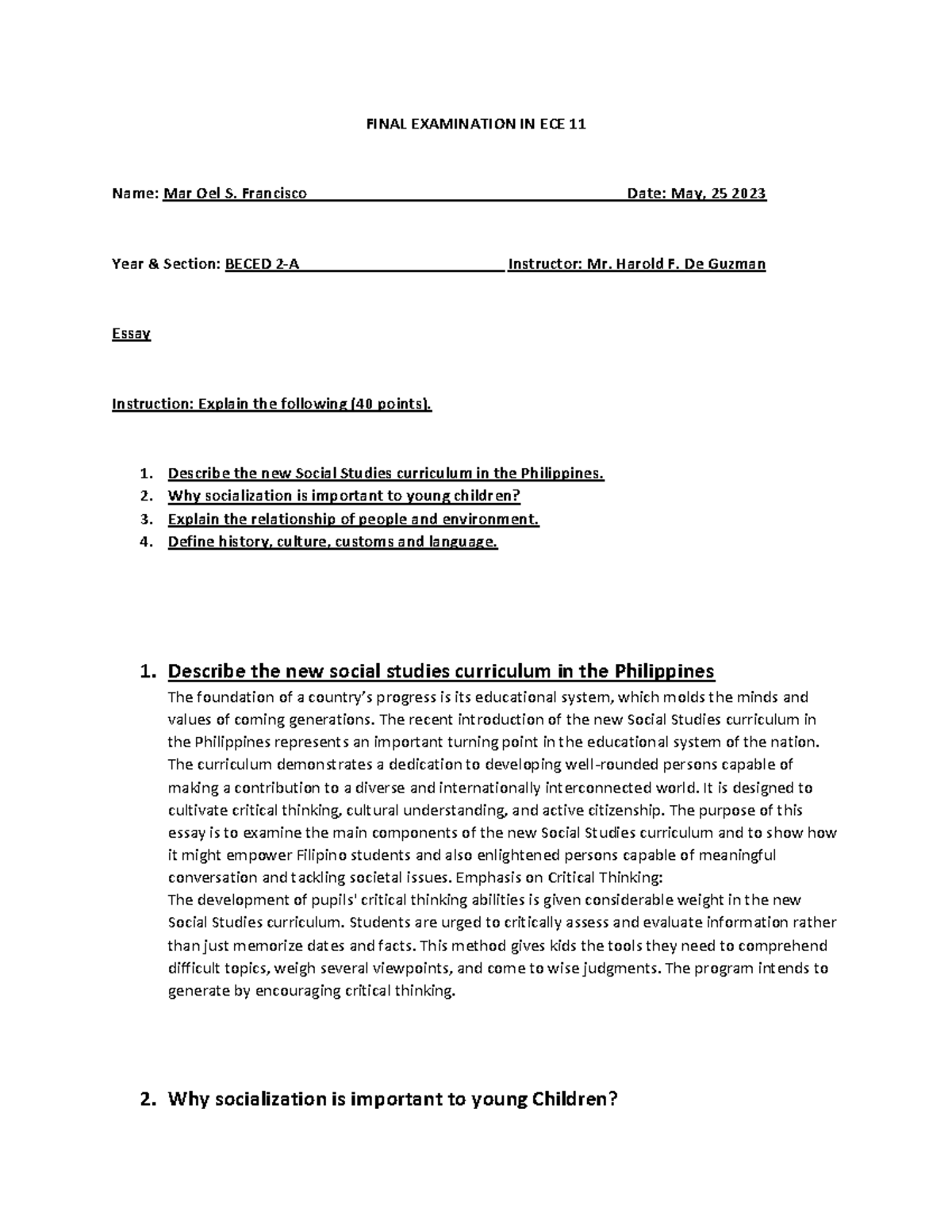 ECE 11 Final Examination - FINAL EXAMINATION IN ECE 11 Name: Mar Oel S ...