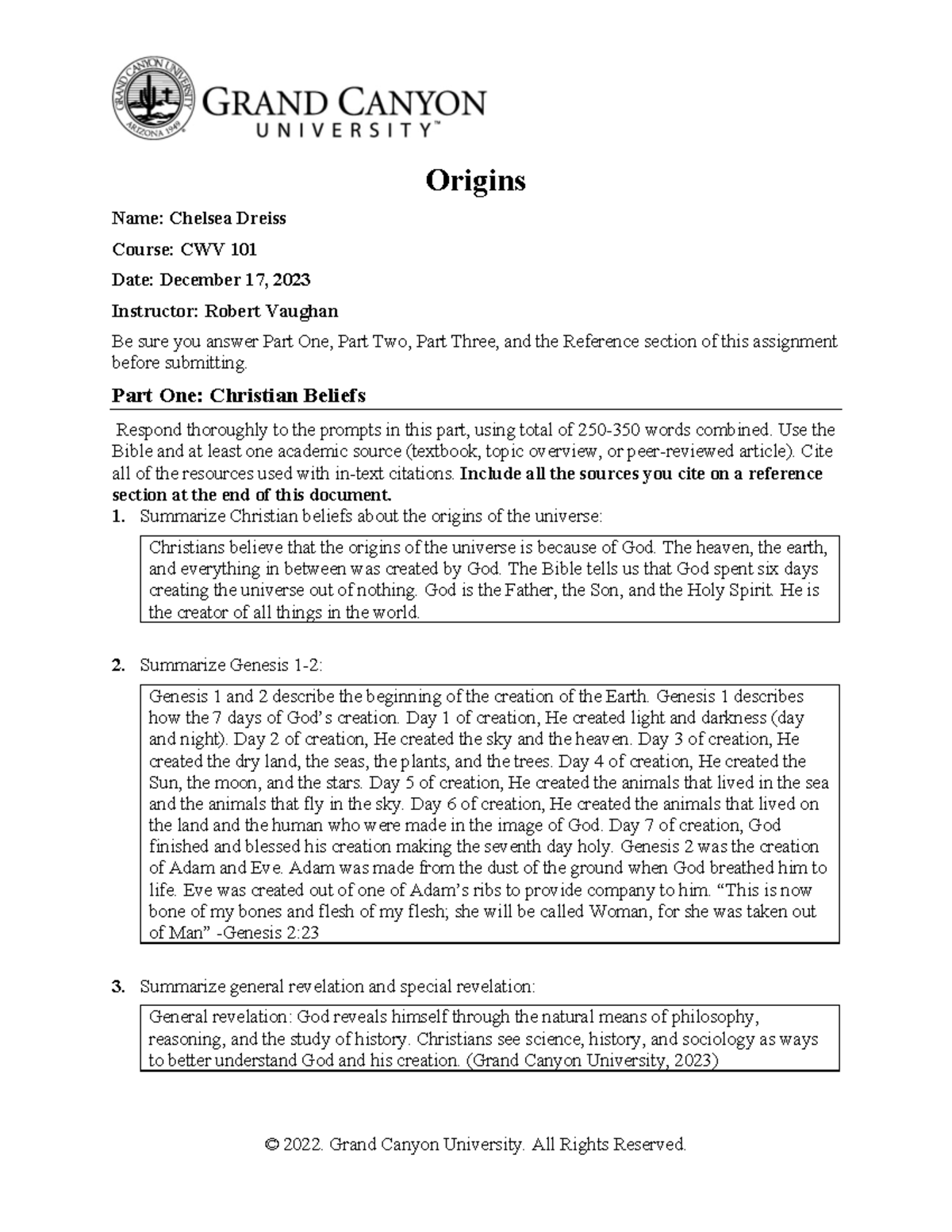 Topic 2- Origins Assignment - © 2022. Grand Canyon University. All ...