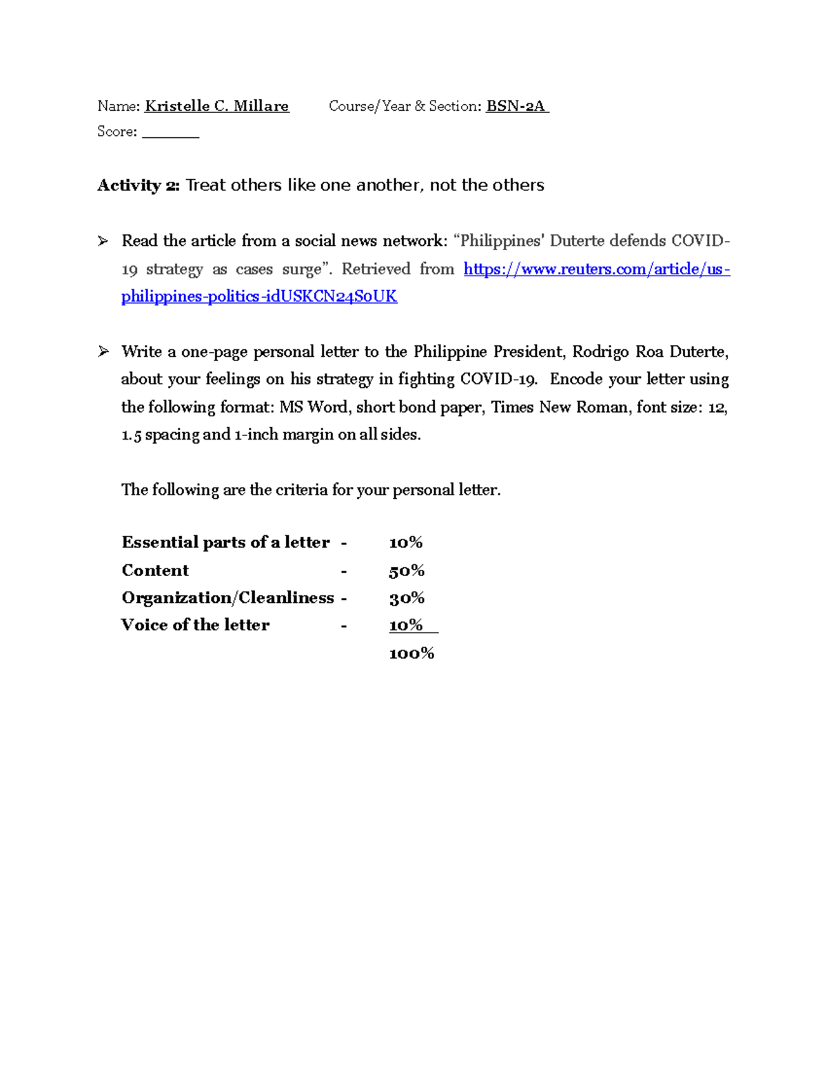 Activity 2 -Treat others like one another, not the others - Name ...