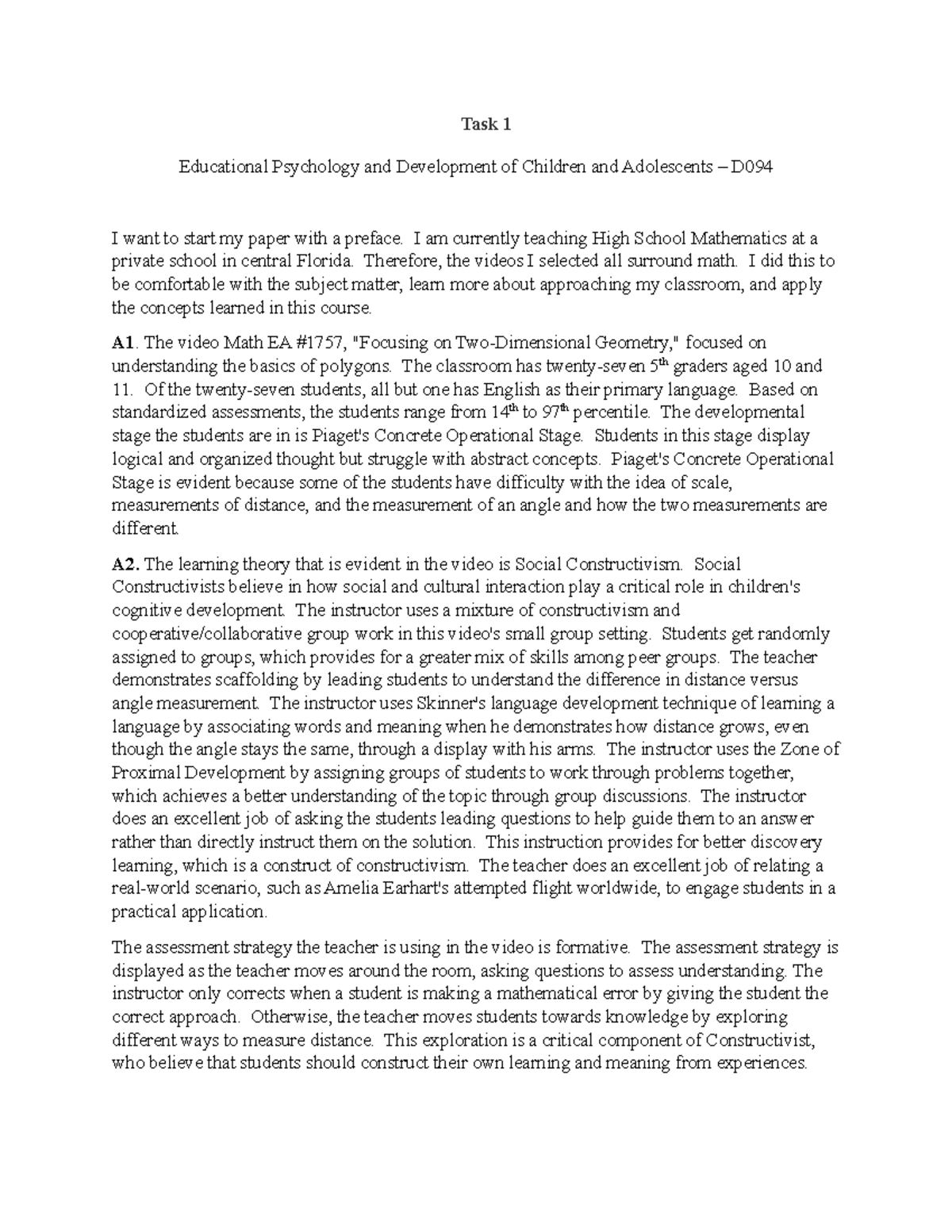 D094 Task1 - Educational Psychology and Development of Children and ...