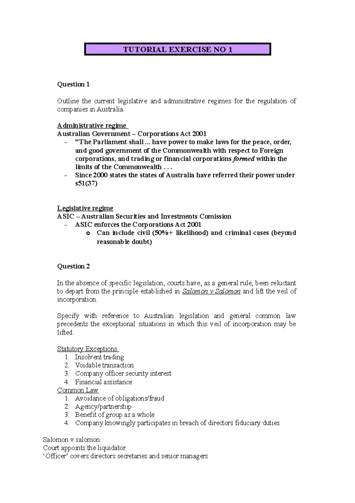 Tutorial Exercise NO 1 - TUTORIAL EXERCISE NO 1 Question 1 Outline the ...