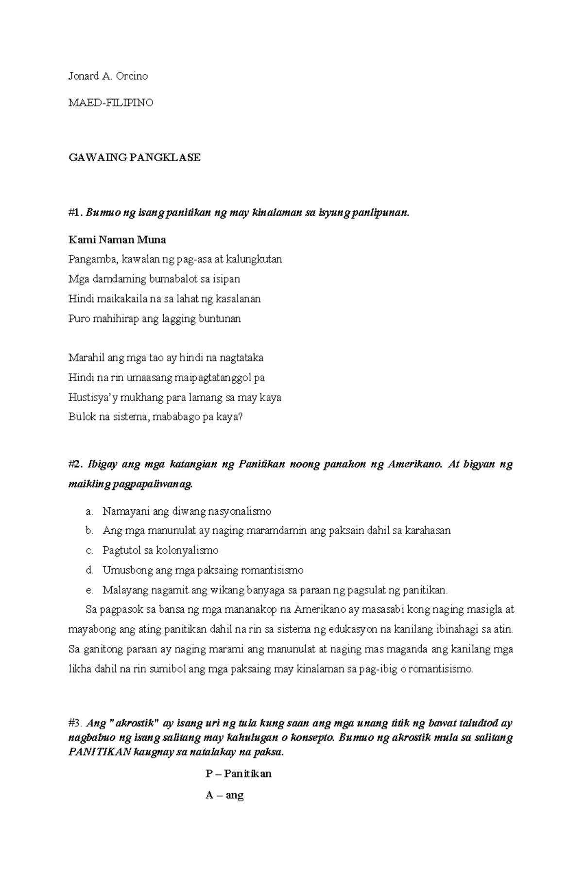 Fili 109 Jonard Orcino - lectures - Jonard A. Orcino MAED-FILIPINO GAWAING PANGKLASE #1. Bumuo ...