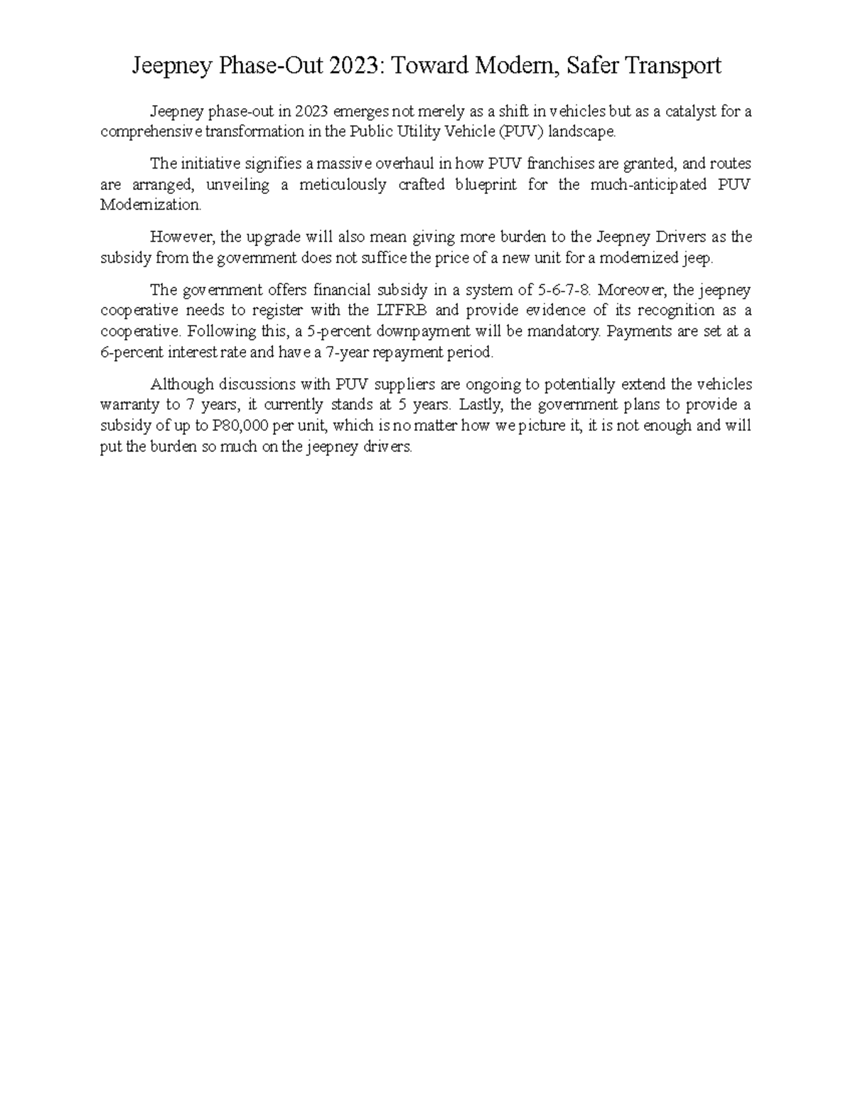 Jeepney phase - Practice Course - Jeepney Phase-Out 2023: Toward Modern ...