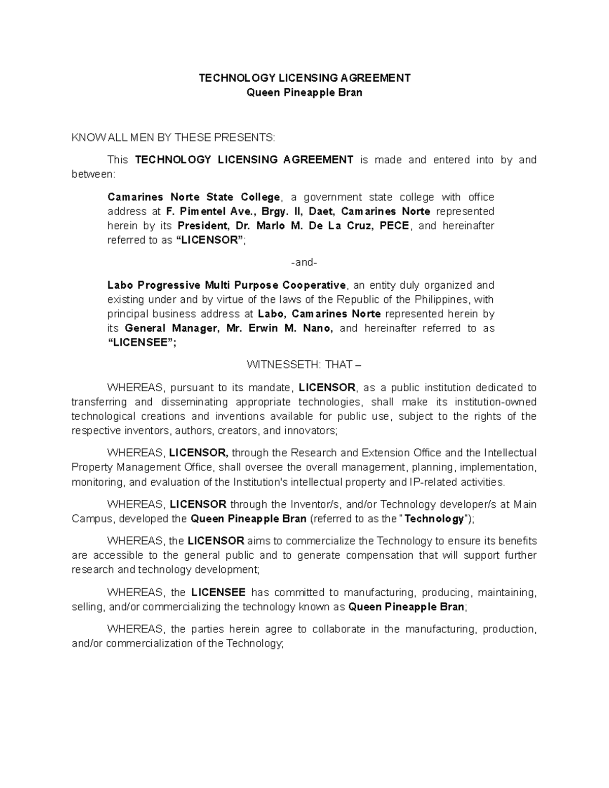 Technology- Licensing- Agreement rev MSC 1 Trias CNSC - TECHNOLOGY ...