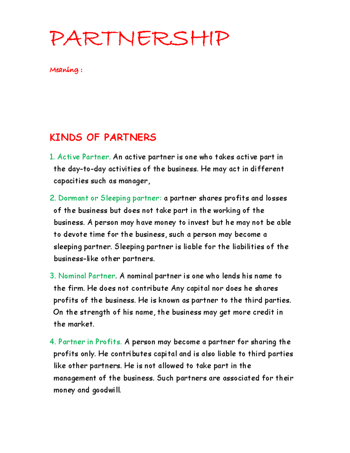 Partnership - PARTNERSHIP Meaning : KINDS OF PARTNERS Active Partner ...