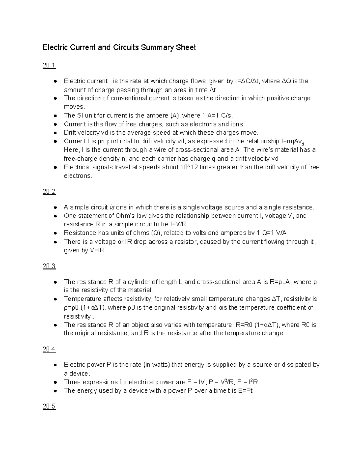 Electric Current Summary Sheet - Electric Current and Circuits Summary ...