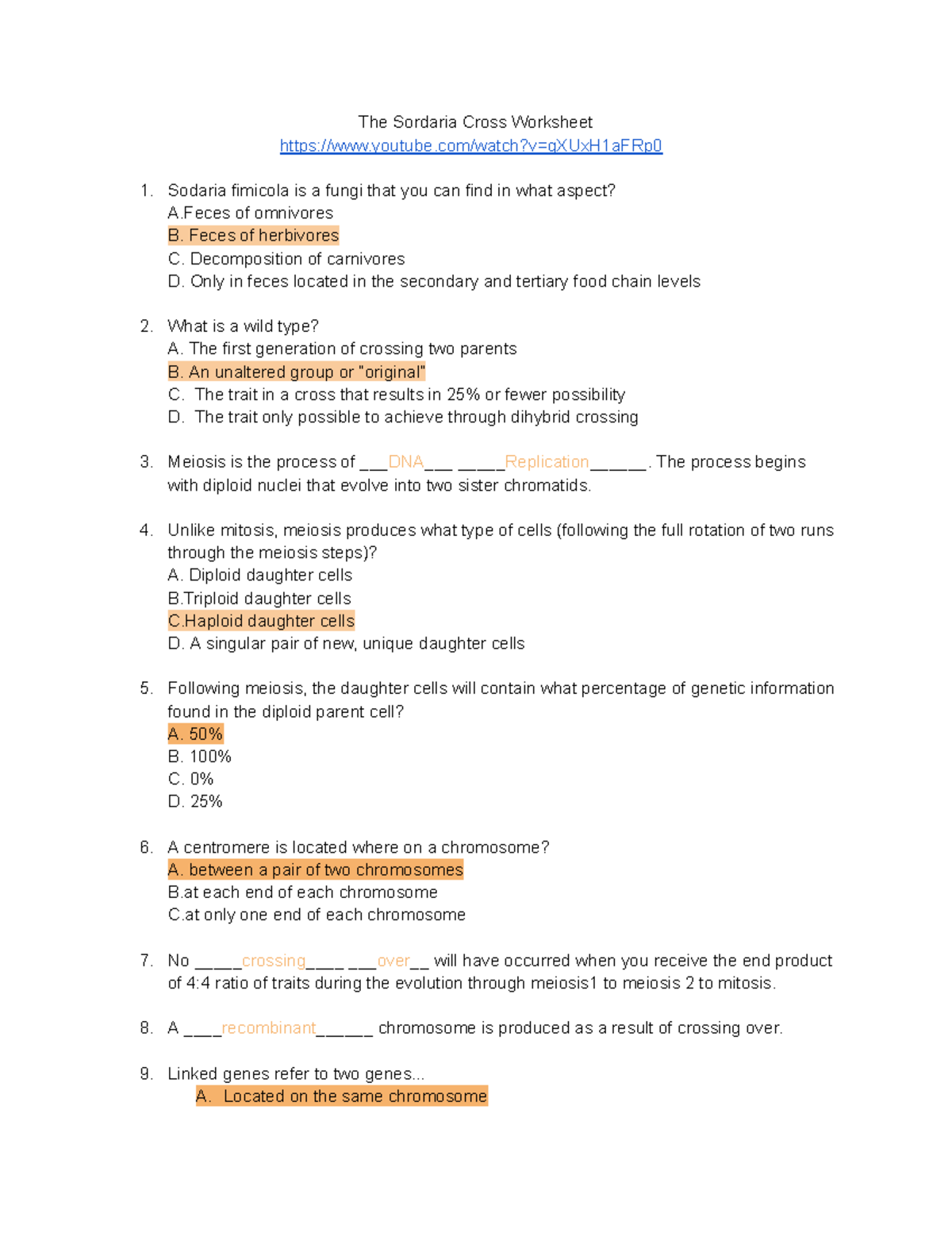 The Sordaria Cross Worksheet- Answer Key - The Sordaria Cross Worksheet ...
