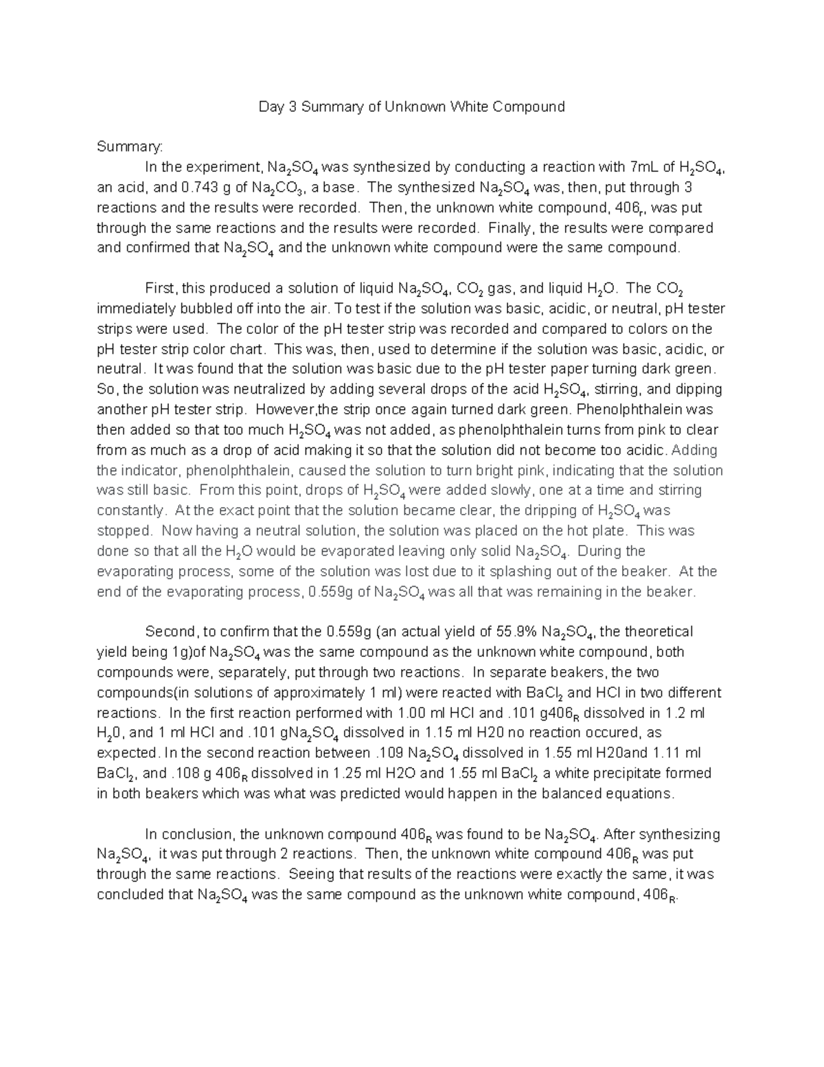 Day 3 Summary Unknown White Compound Lab - Day 3 Summary of Unknown ...