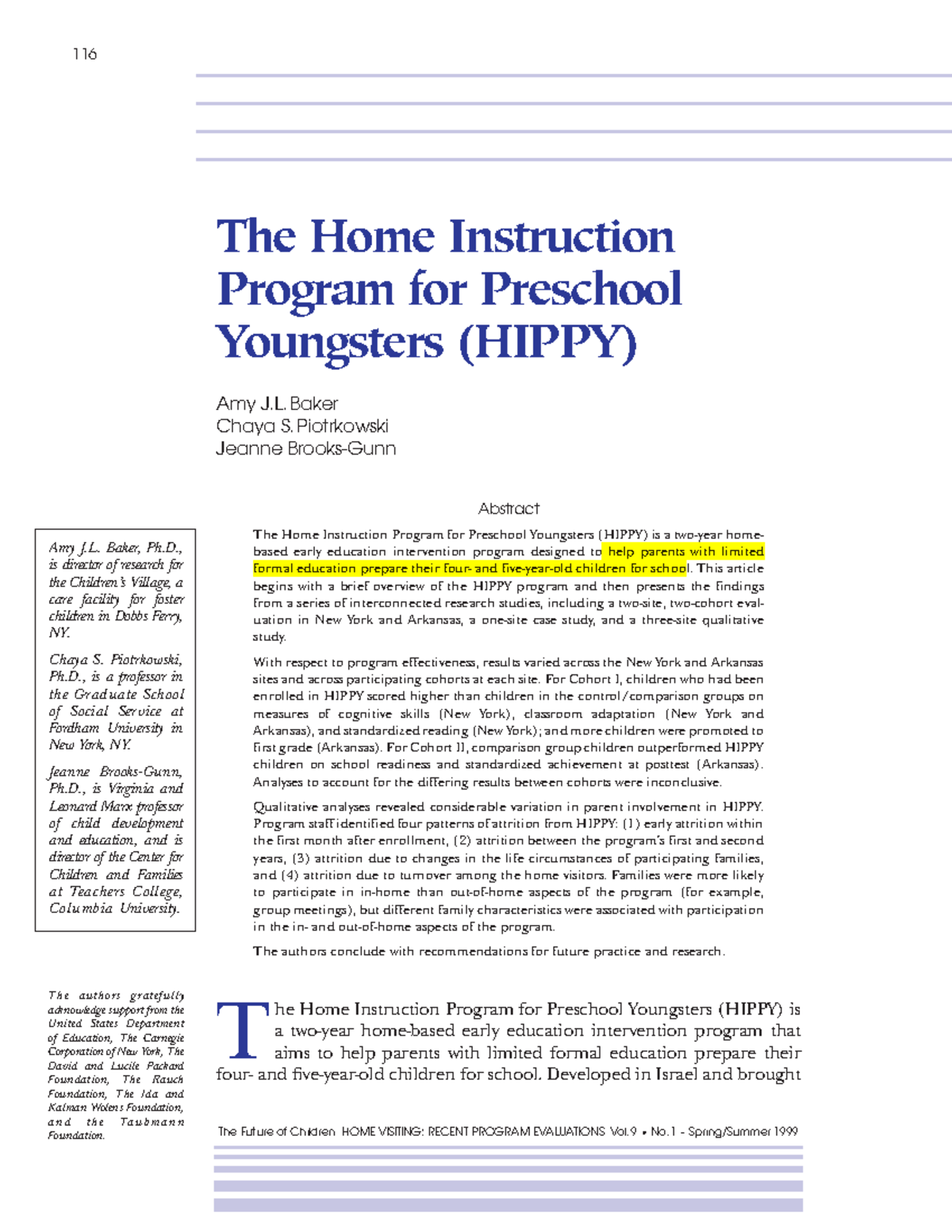 Baker, A. 1999 the home instruction program - The Home Instruction ...