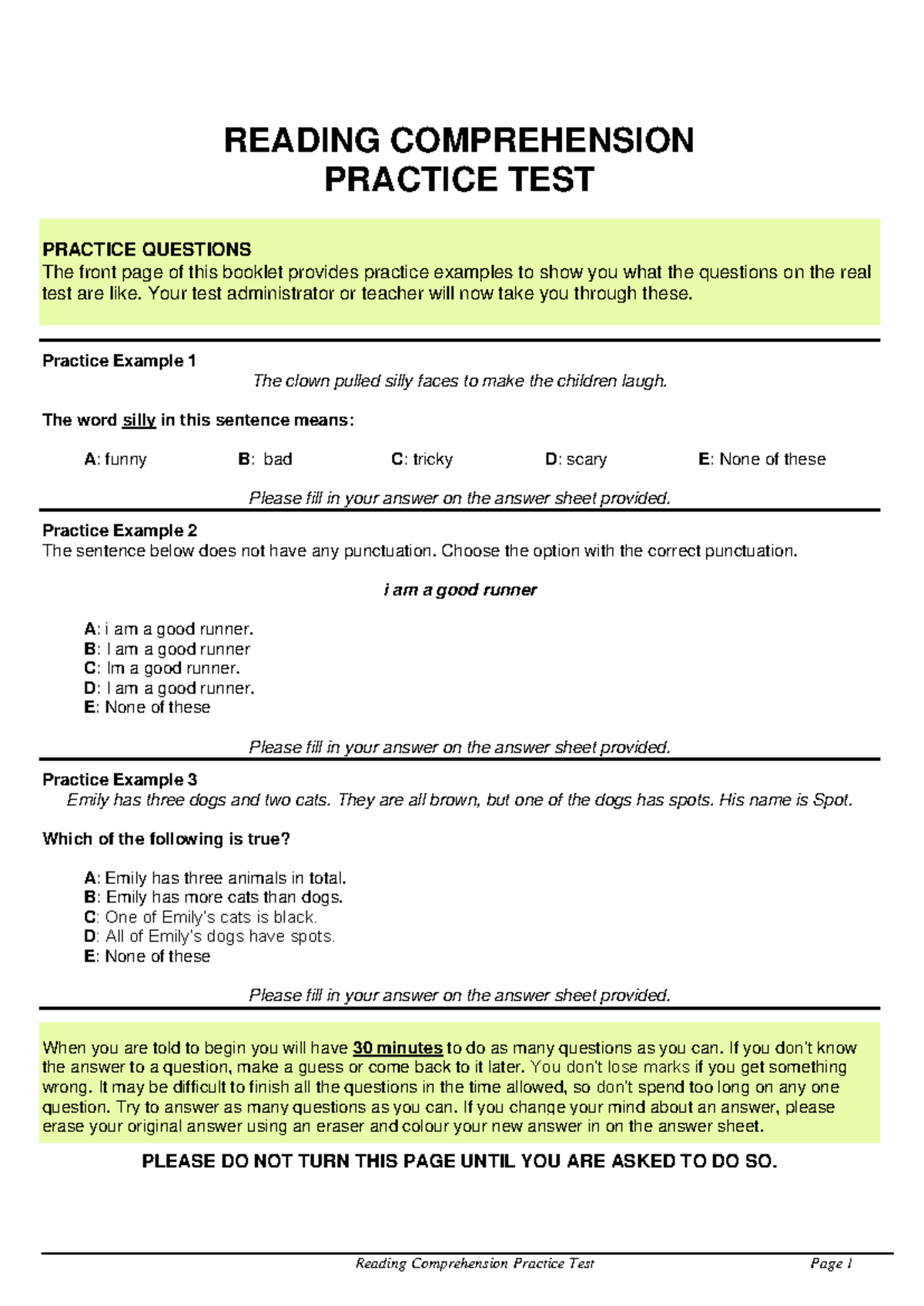 Readingcomprehensionpractice - READING COMPREHENSION PRACTICE TEST ...