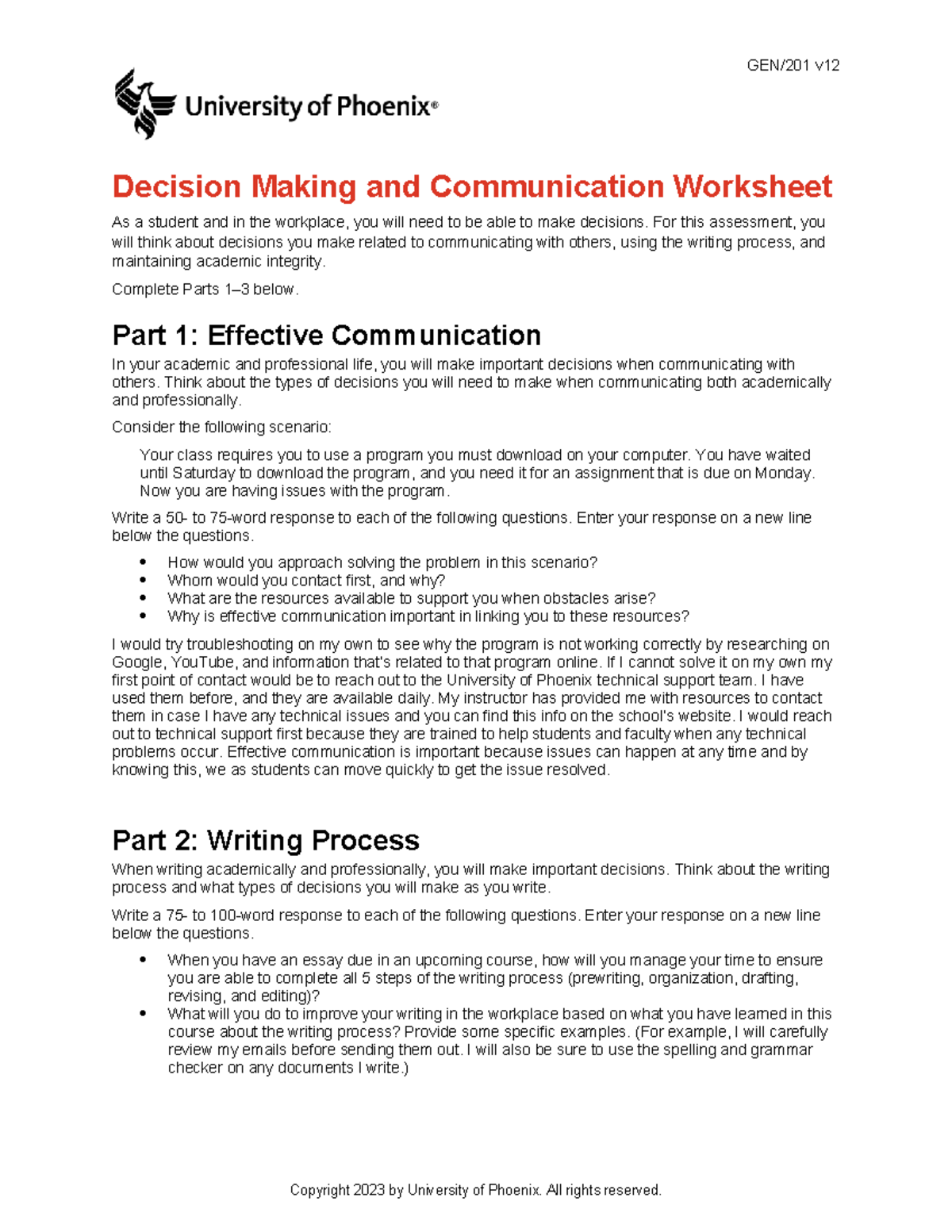 Gen201 v12 wk3 decision making and communication worfksheet - GEN/201 v ...