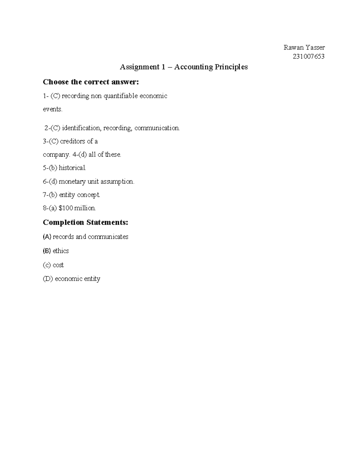 Acc Assignment - Rawan Yasser 231007653 Assignment 1 – Accounting ...