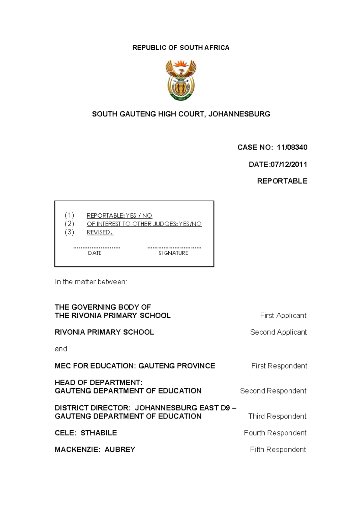 Governing Body of the Rivonia Primary School and Another v Mec ...