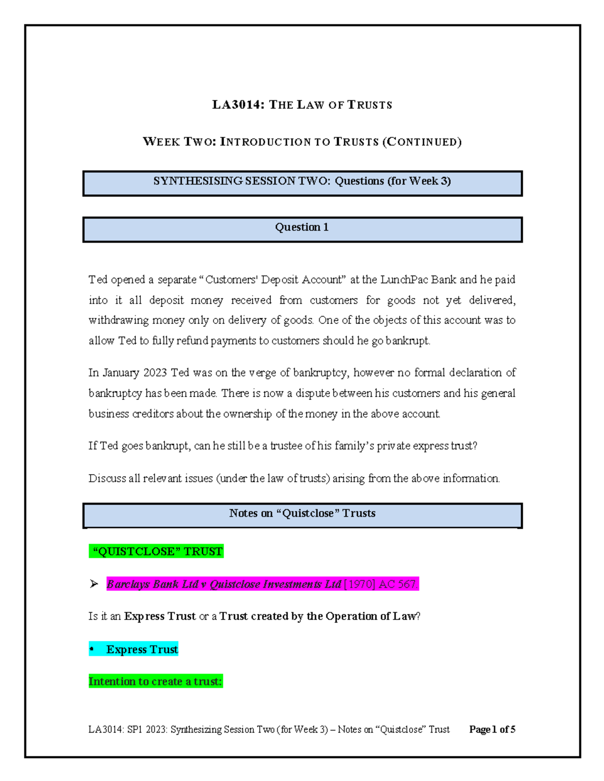LA3014 Synthesising Session Two (for Week 3) Notes on Quistclose Trust ...