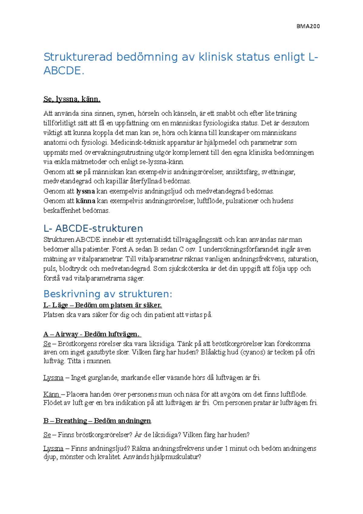 Strukturerad bedömning av klinisk status enligt L- Abcde - BMA Strukturerad bedömning av klinisk ...