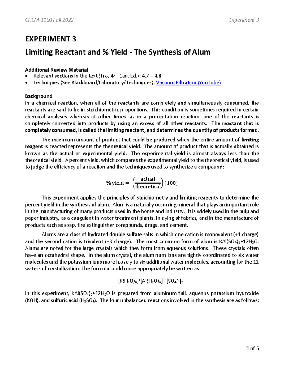 Exp.3 Synthesis of Alum - EXPERIMENT 3 Limiting Reactant and % Yield - The Synthesis of Alum ...