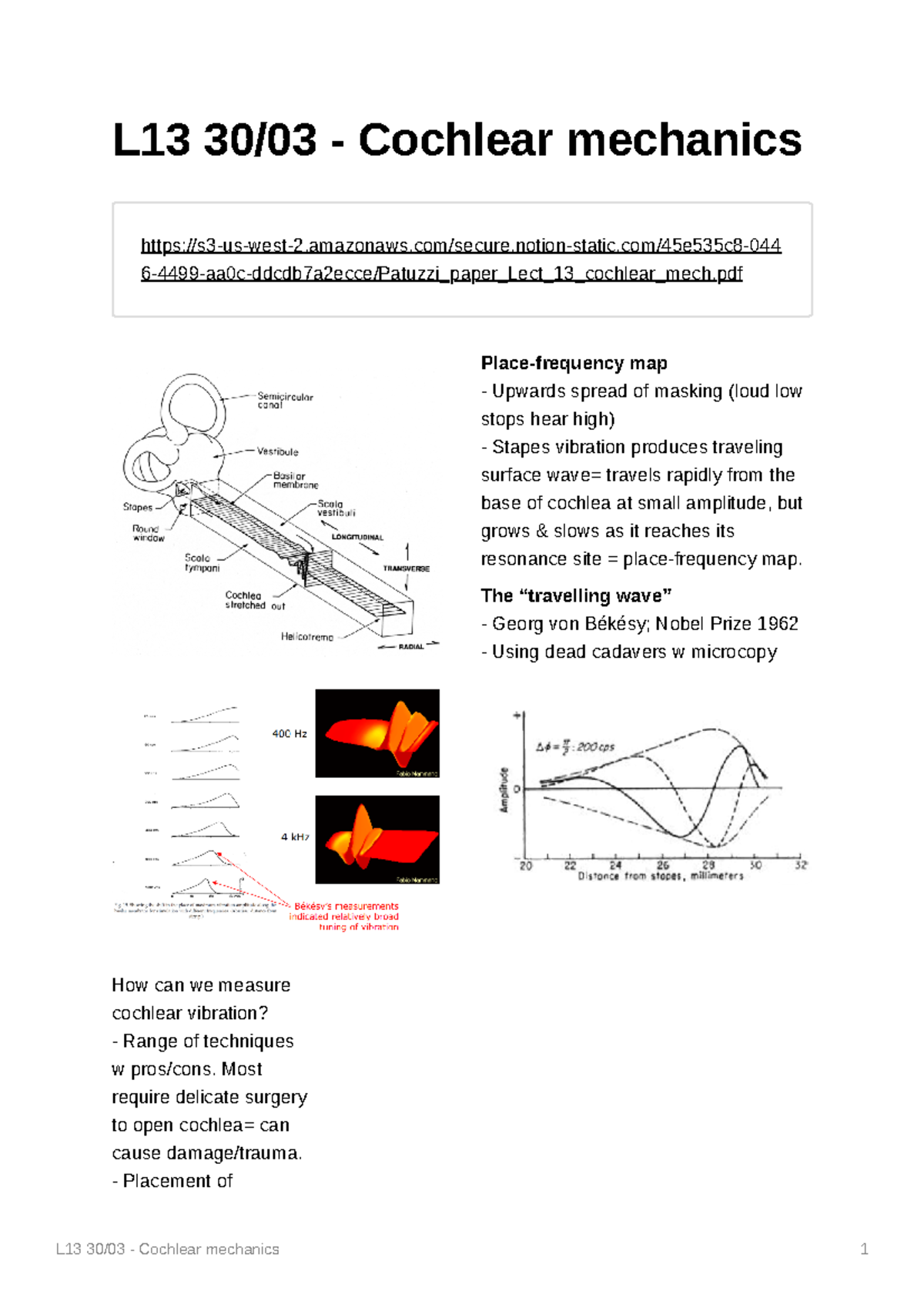 L13 3003 - Cochlear mechanics - L13 30/03 - Cochlear mechanics - Studocu