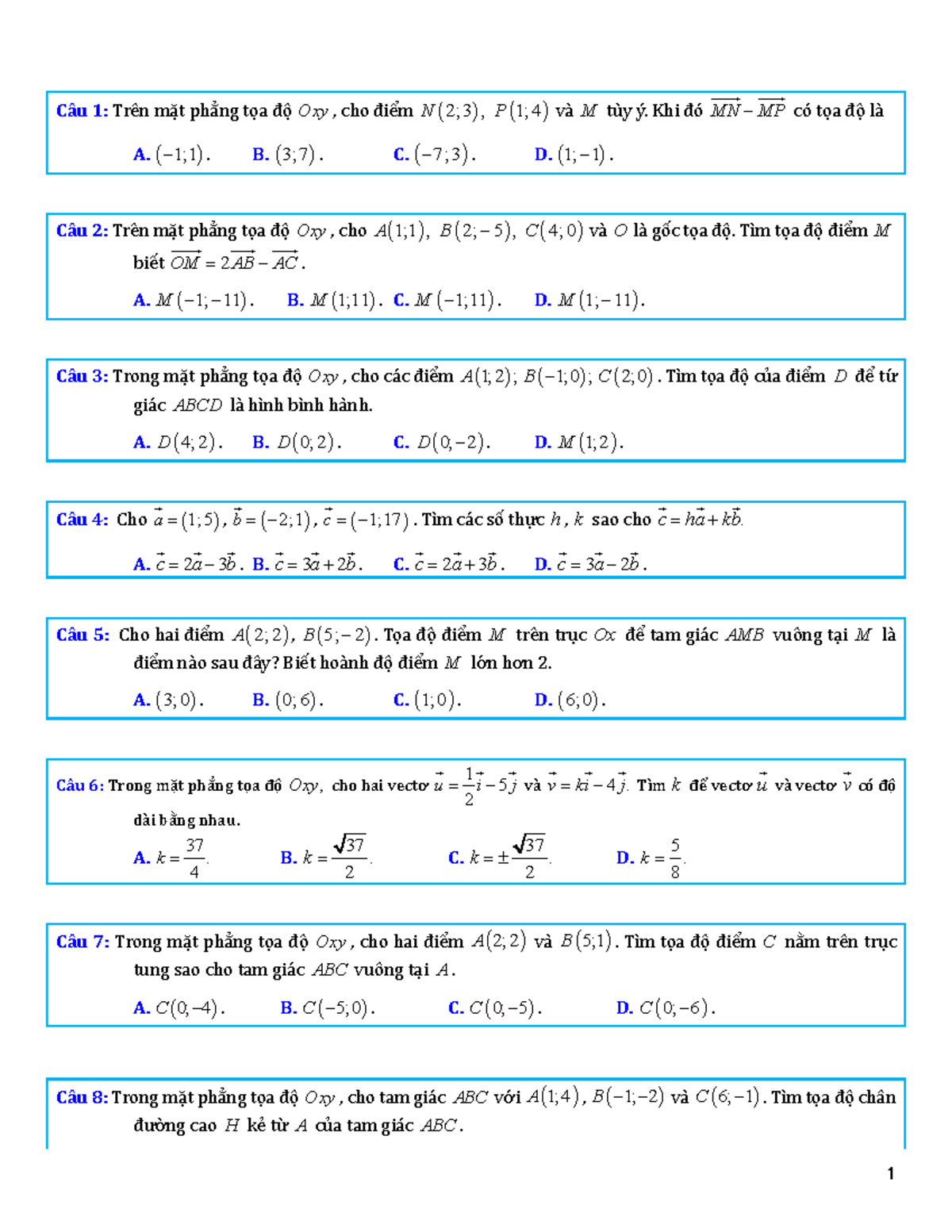 HÌNH-HỌC NÂNG-CAO - bai tap - 1 Câu 1 : Trên mặt phaኃ ng tọa độ Oxy , cho đieቻ m N 2;3 , P - Studocu