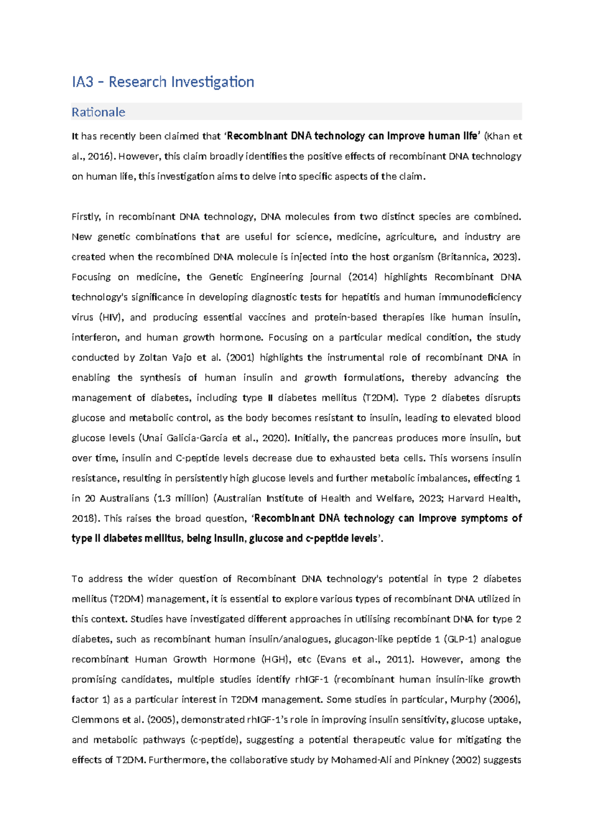 Bio final IA3 - 100%!! - IA3 – Research Investigation Rationale It has ...