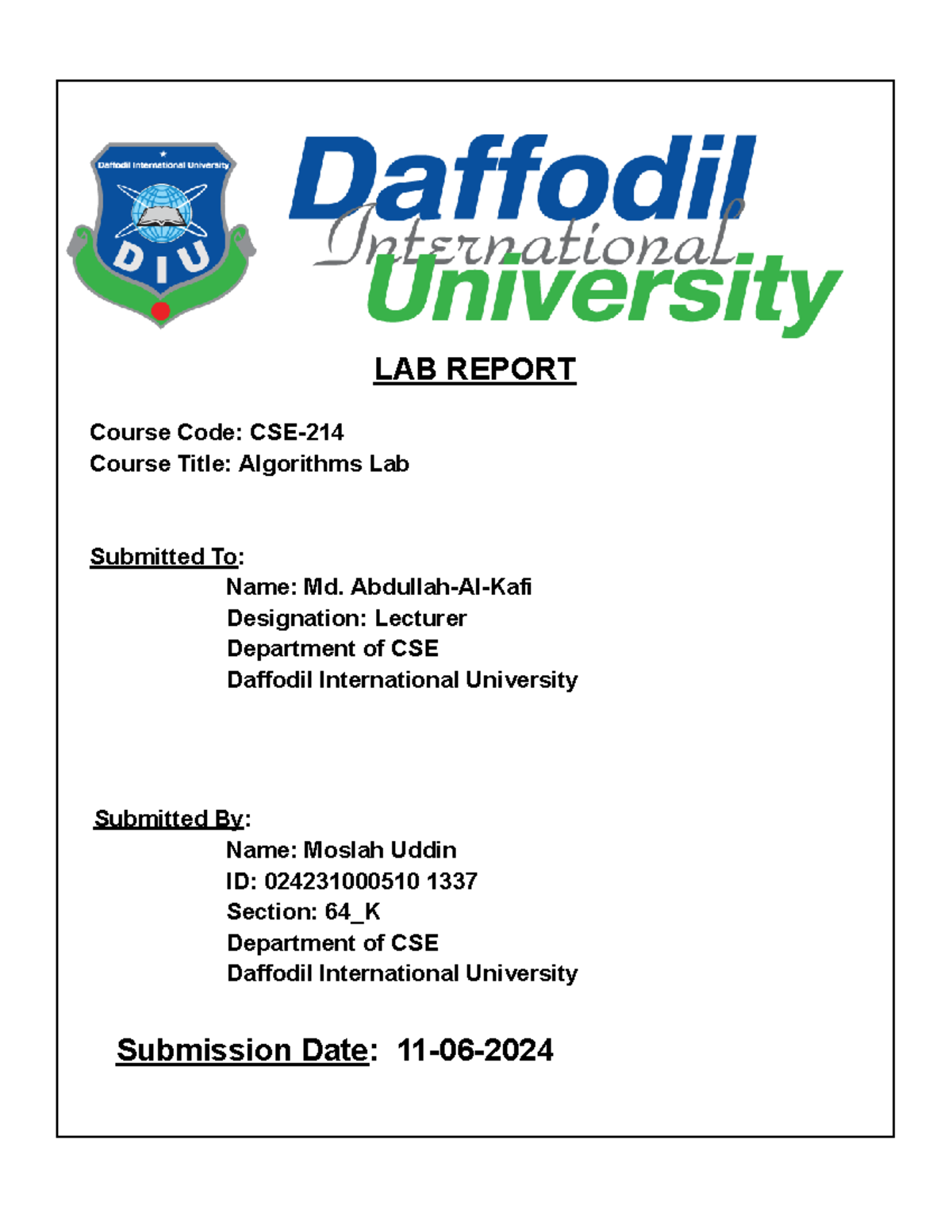 Algorithms lab report - sqja s - LAB REPORT Course Code: CSE- Course Title: Algorithms Lab ...