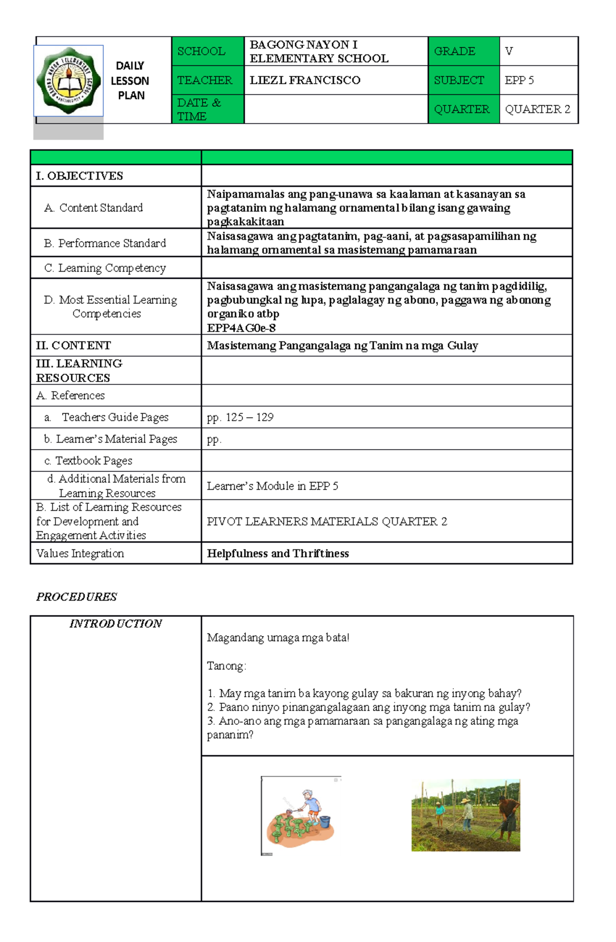 Grade 5 EPP Francisco Liezl - SCHOOL BAGONG NAYON I ELEMENTARY SCHOOL ...