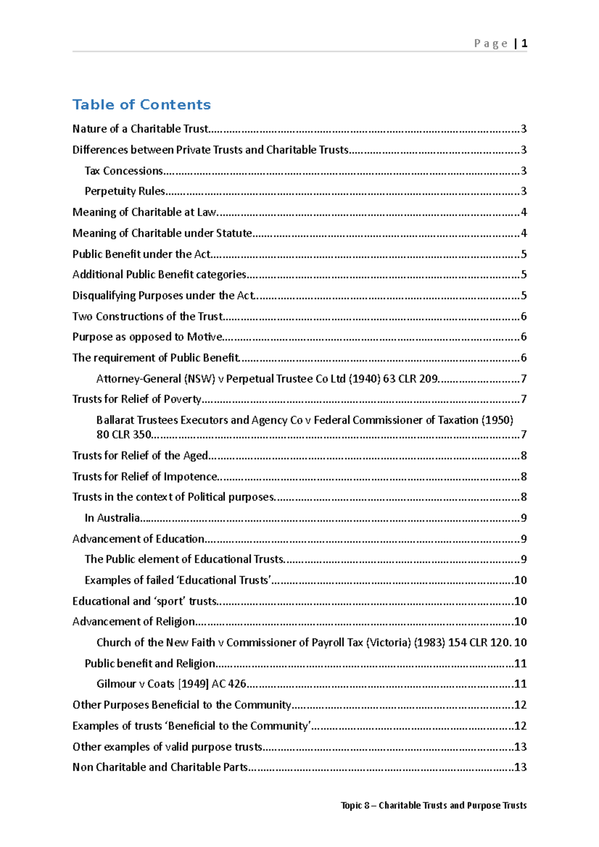 LAW340 - Topic 8 - Charitable Trusts and Purpose Trusts - Table of ...