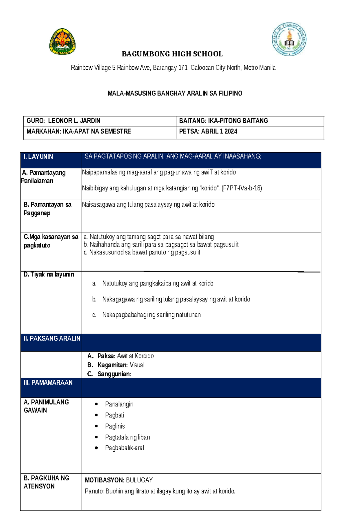 AWIT-AT- Korido - Sheeshable - BAGUMBONG HIGH SCHOOL Rainbow Village 5 ...