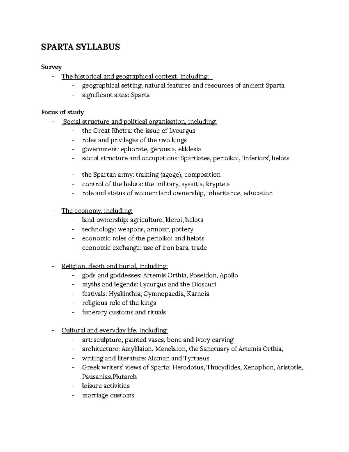 Sparta Notes - Ancient History - SPARTA SYLLABUS Survey The historical ...
