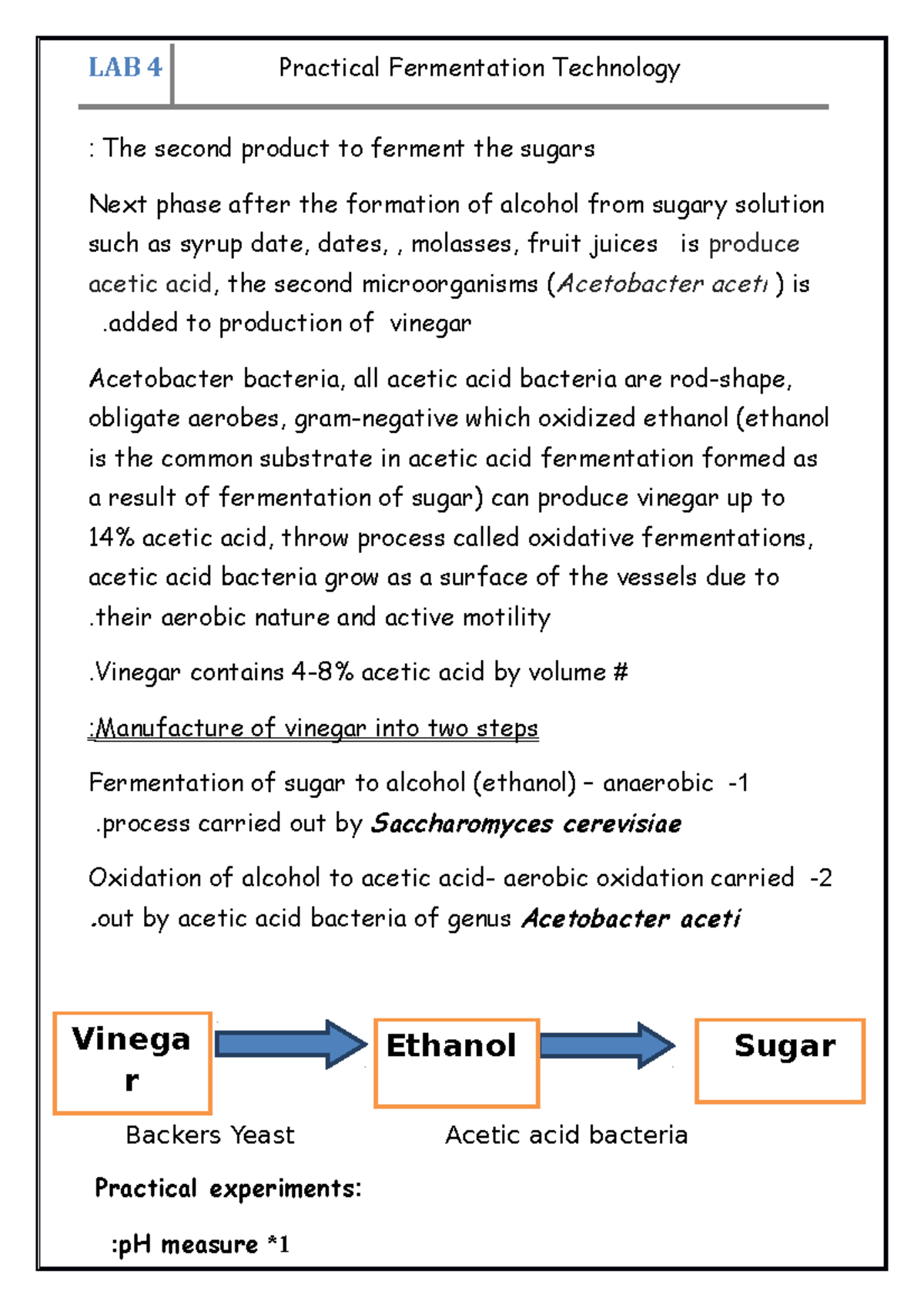 Acetic Acid فرع التقانة تقانة تخمرات - LAB 4 Practical Fermentation Technology : The second ...