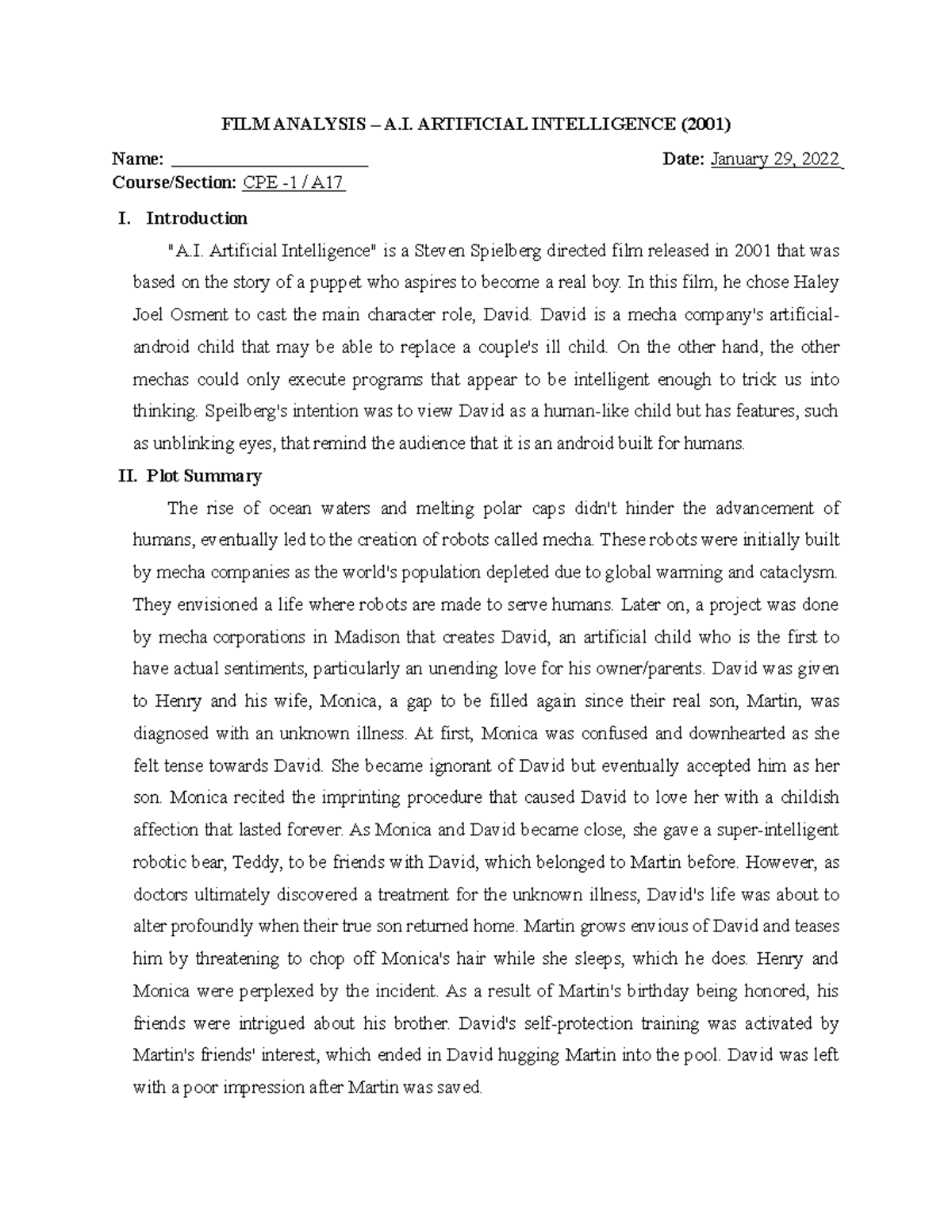 FILM Analysis Artificial Intelligence GED104 - FILM ANALYSIS – A ...