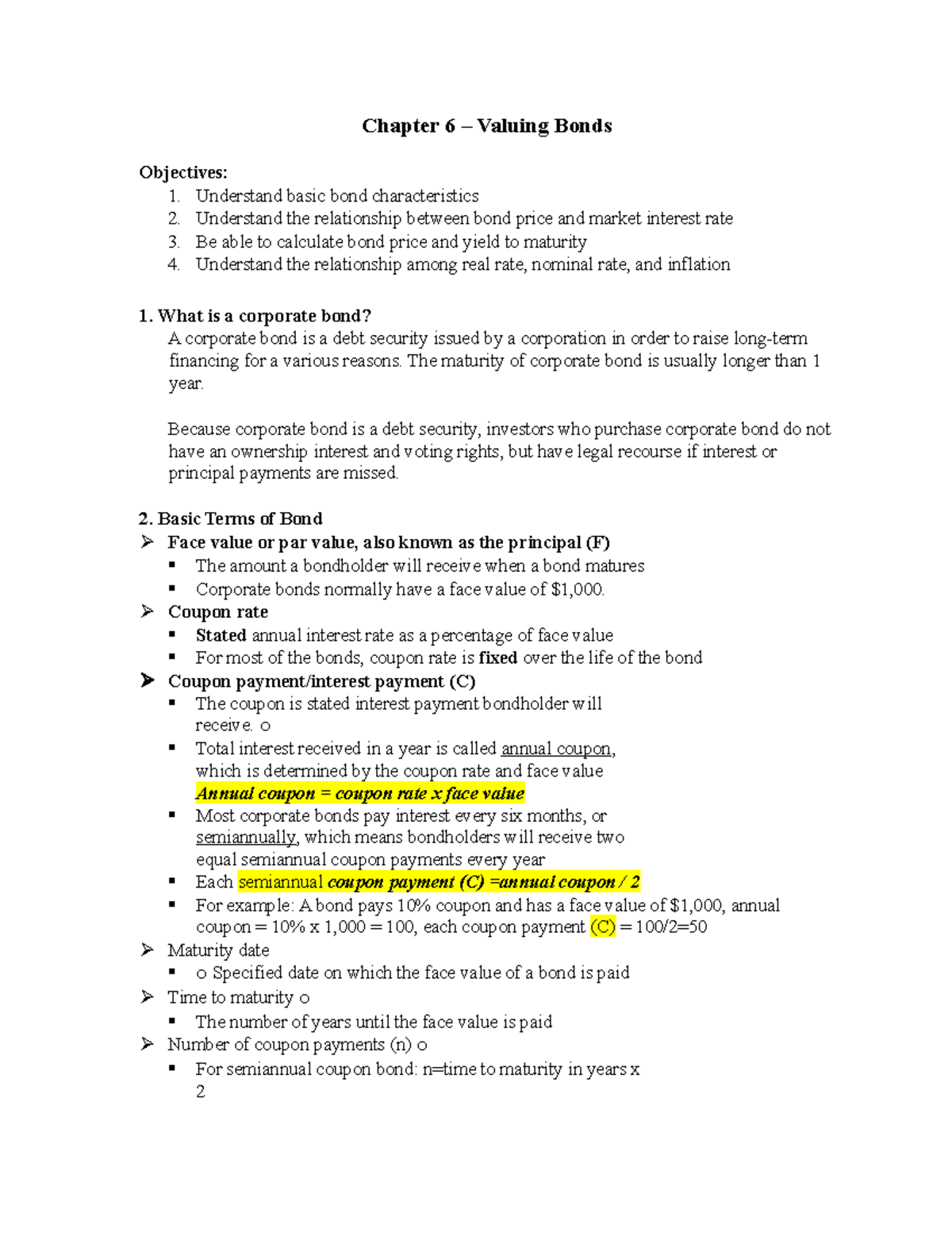 Chapter 6 notes - Chapter 6 – Valuing Bonds Objectives: 1. Understand ...