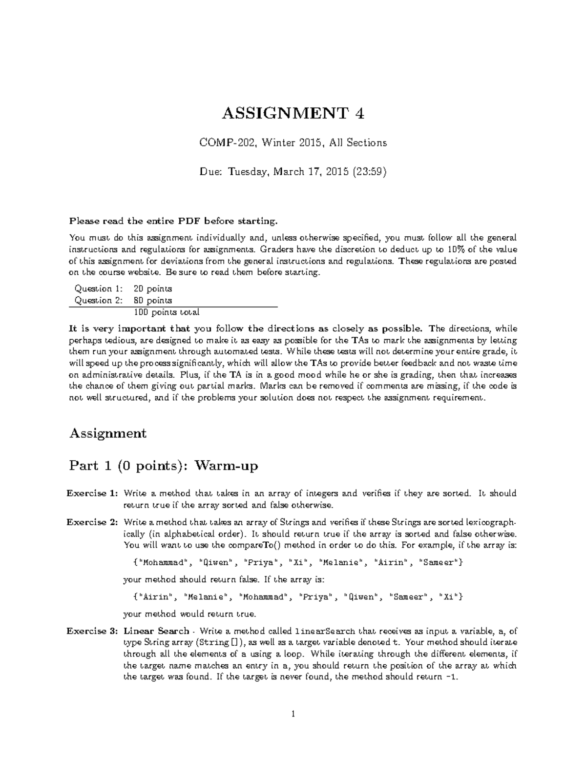Assignment 4 - Practice/Exam - ASSIGNMENT 4 COMP-202, Winter 2015, All ...