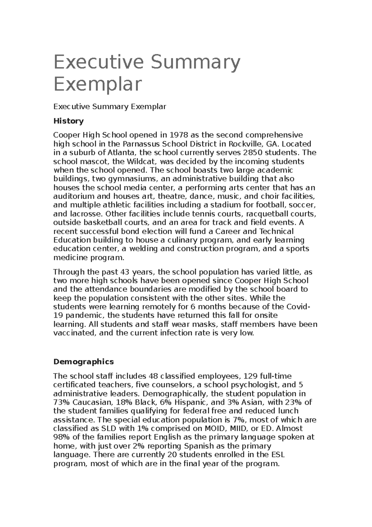 Executive Summary Exemplar - Executive Summary Exemplar Executive ...
