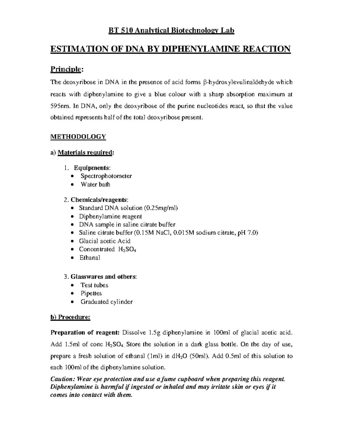 Estimation of DNA by DPA - BT 510 Analytical Biotechnology Lab ...