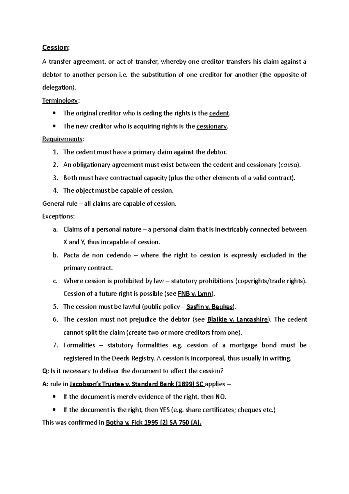Cession - supplement notes - Cession: A transfer agreement, or act of ...