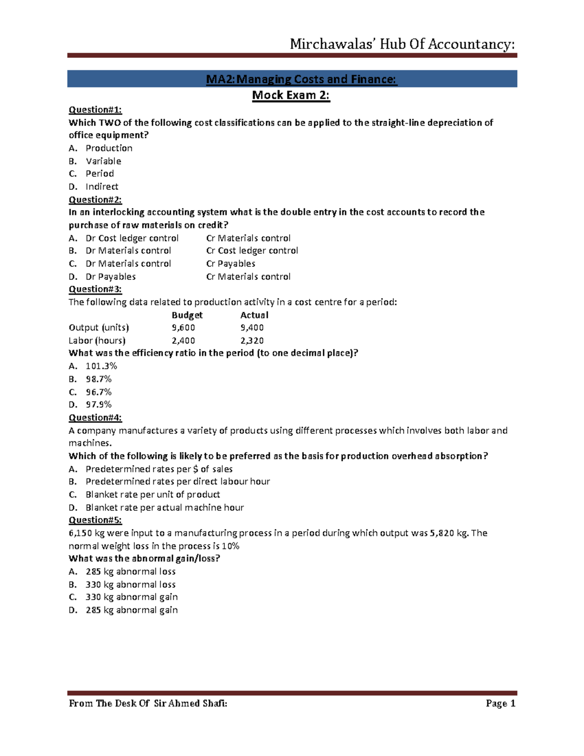 MA2 MOCK 2 - dec - MA2:Managing Costs and Finance: Mock Exam 2 ...