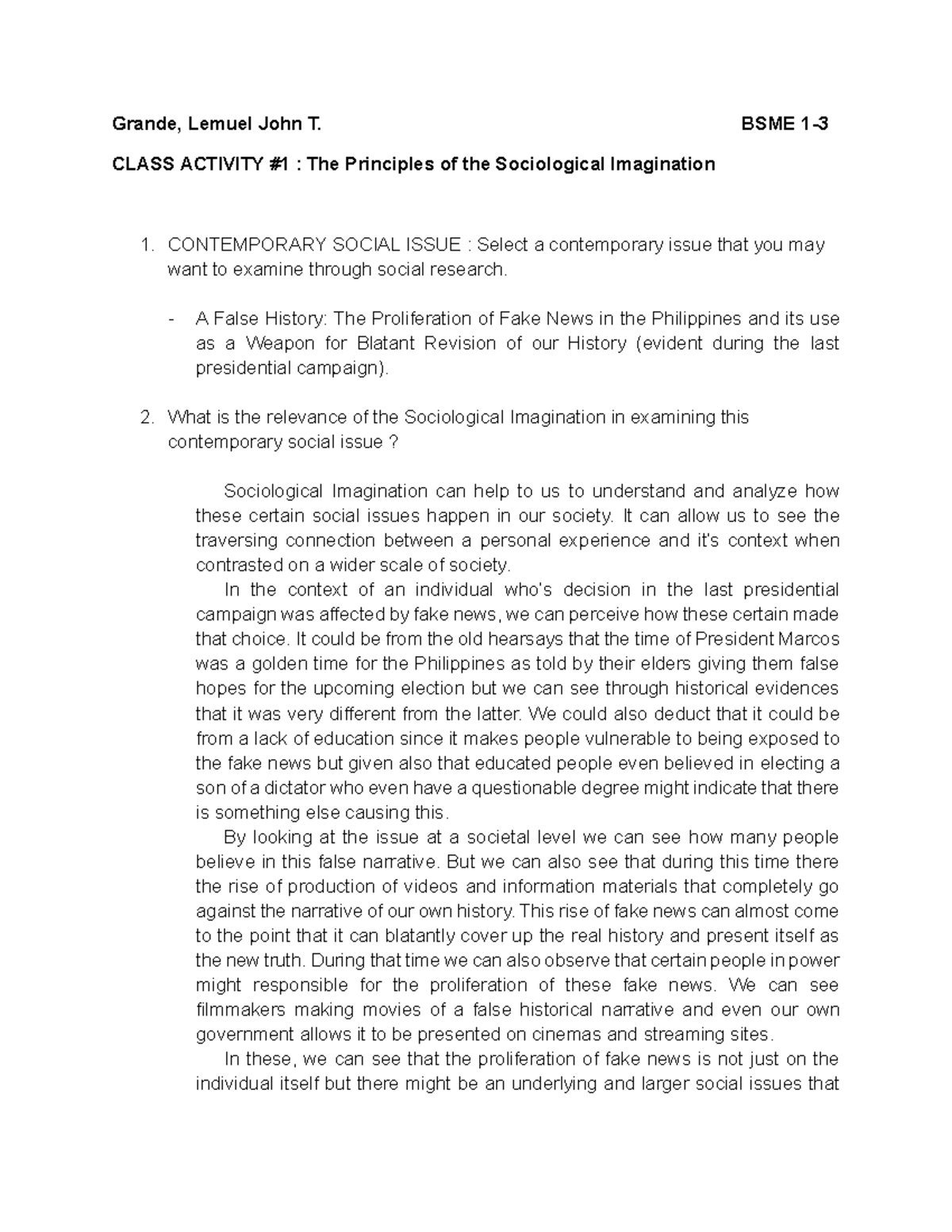 Class Activity #1 - The Principles of the Sociological Imagination ...