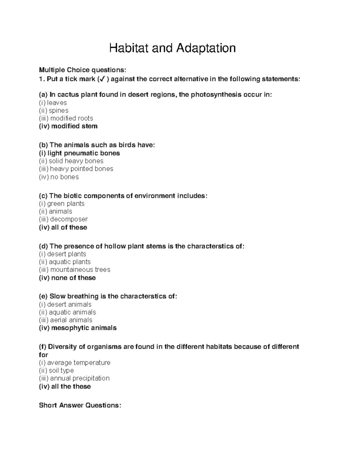 Habitat and Adaptation - ncertbooksolutions Multiple Choice questions ...
