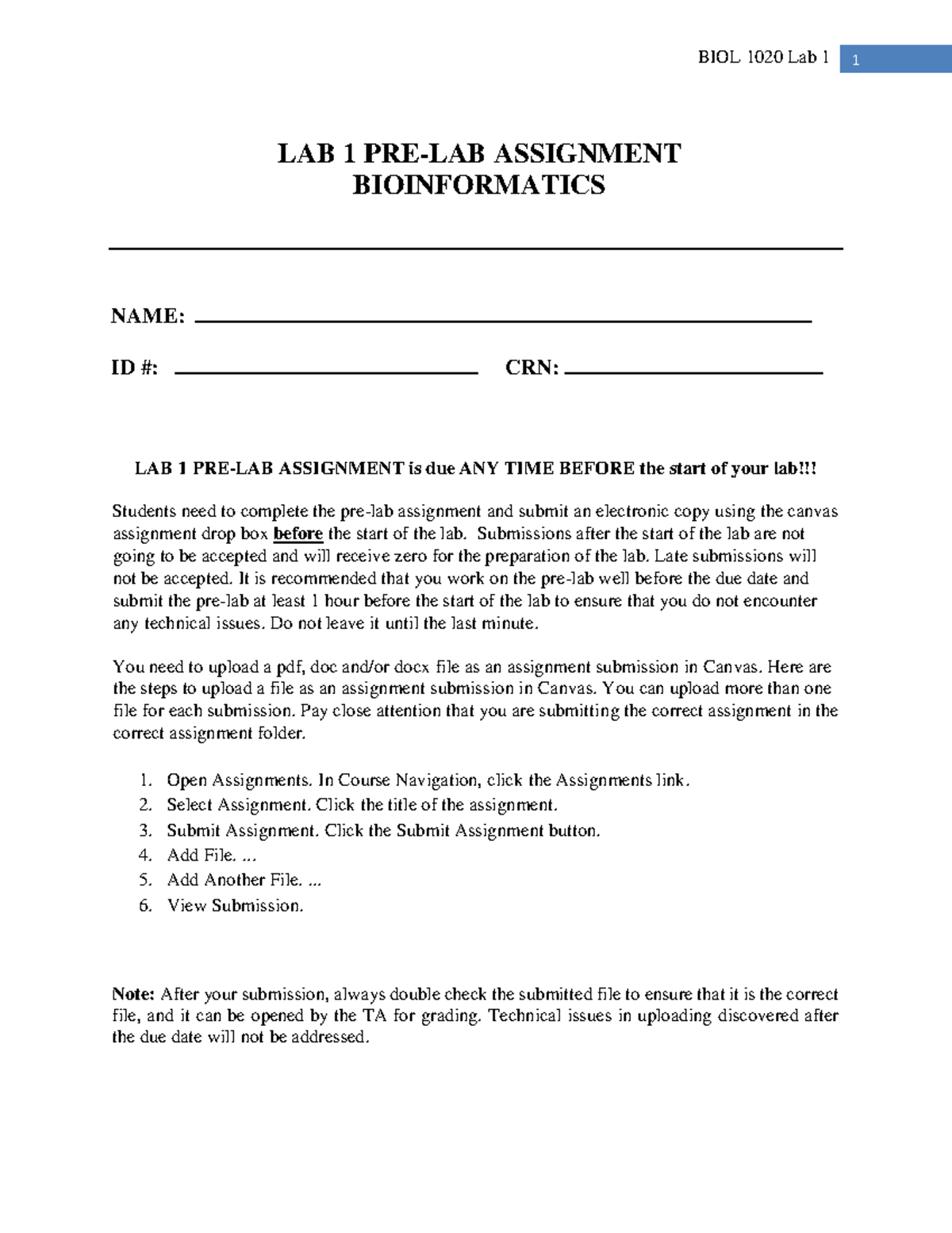 Lab 1 Pre Lab Assignment Bioinformatics W2024 Biol 1020 Lab 1 Lab 1