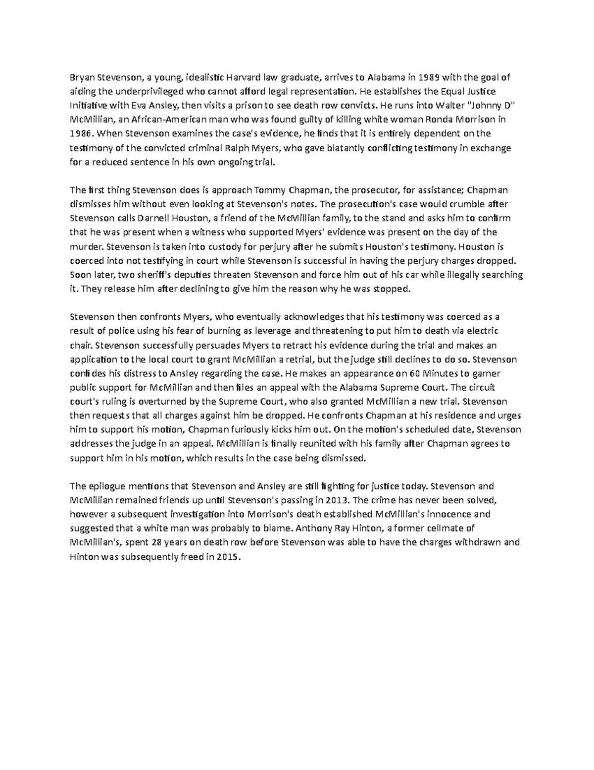 Summary - just mercy - Bryan Stevenson, a young, idealistic Harvard law ...