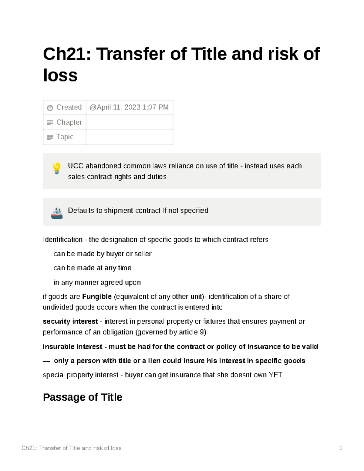 Ch21 - Transfer of Title and risk of loss chapter in textbook reading ...