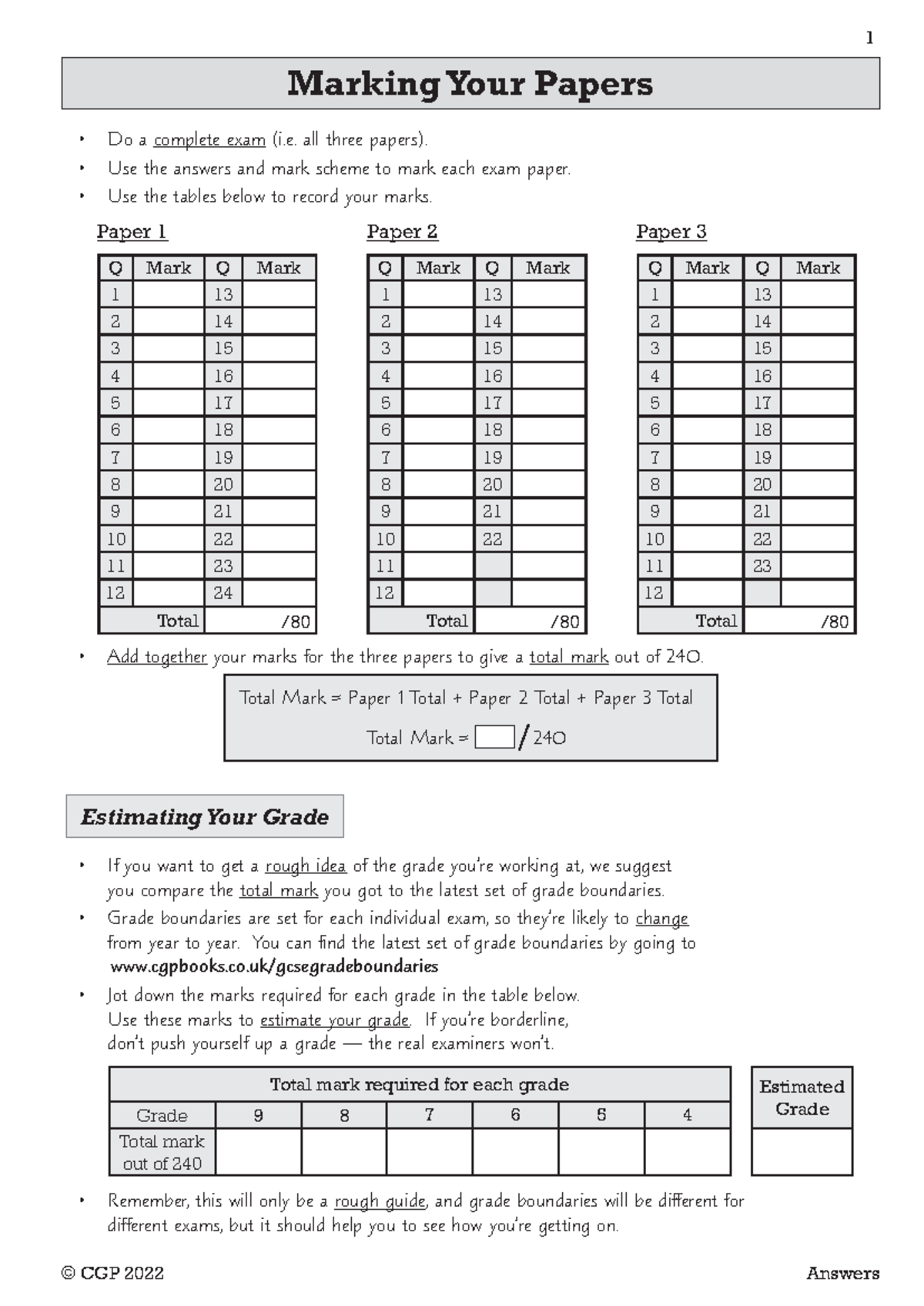 CGP Maths Exam Exam Ans - © CGP 2022 Answers Q Mark Q Mark 1 13 2 14 3 ...