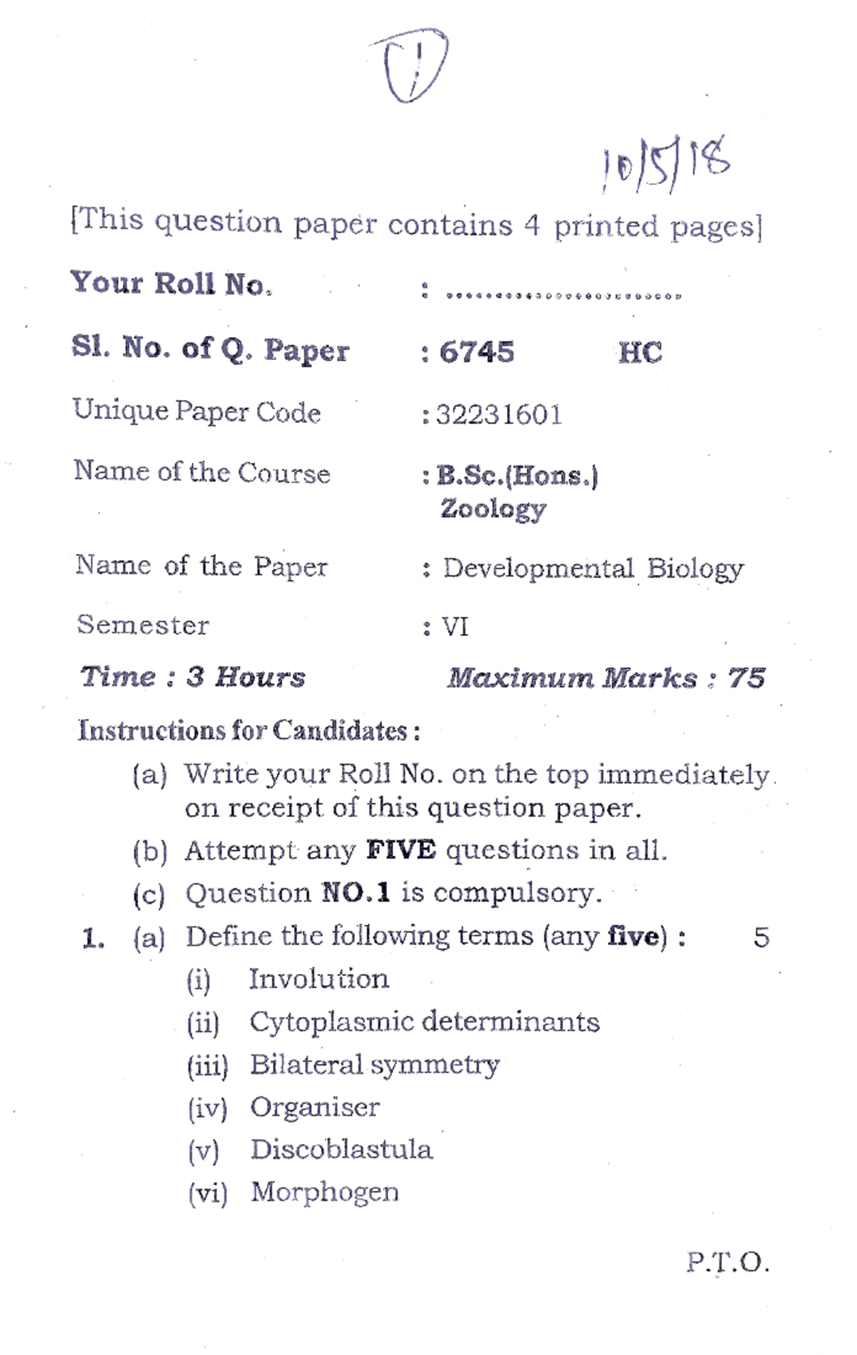 B.Sc.(H) Zoology-6th Semester-2018 - This question paper contains 4 ...
