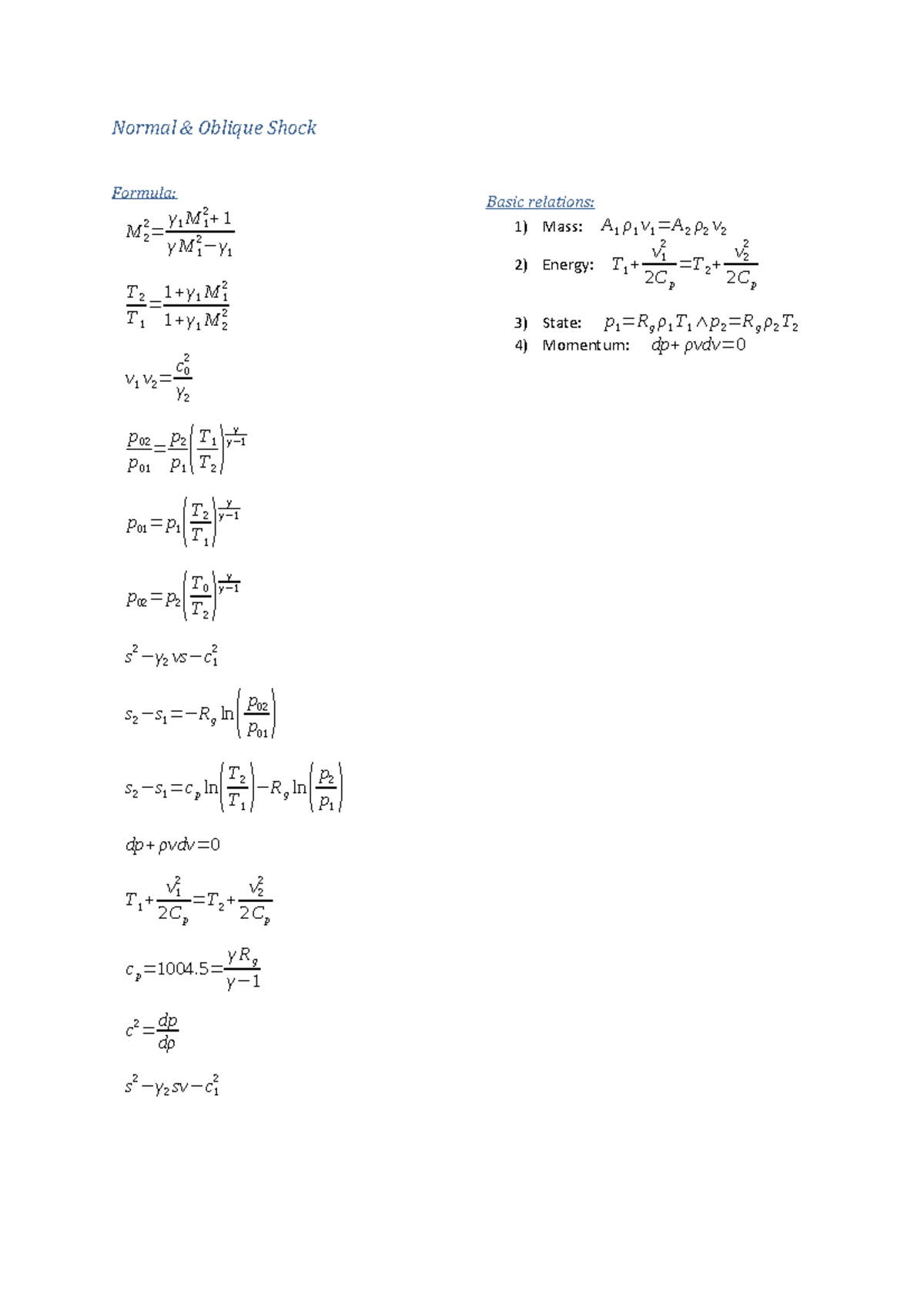 Typical Exam Q2 Answers - Normal & Oblique Shock Formula: M 2 2 = γ 1 M ...