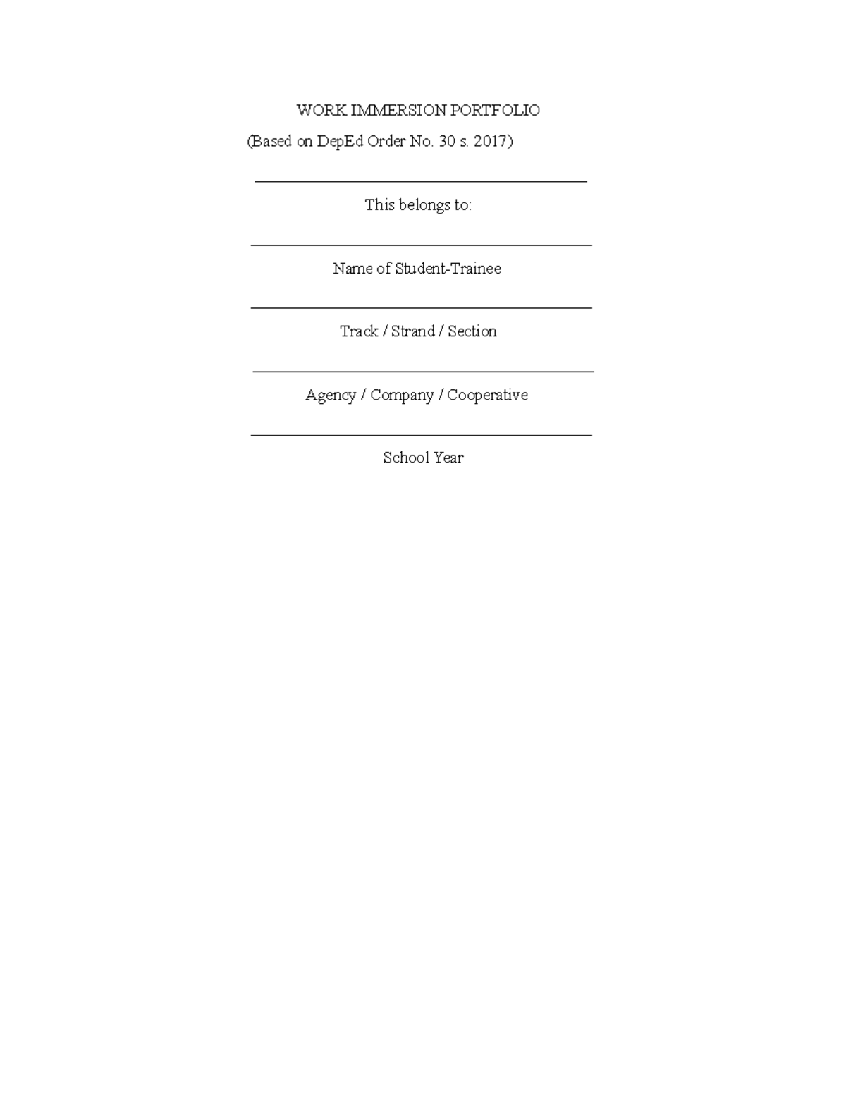 SHS Work Immersion Portfolio given by deped - WORK IMMERSION PORTFOLIO ...