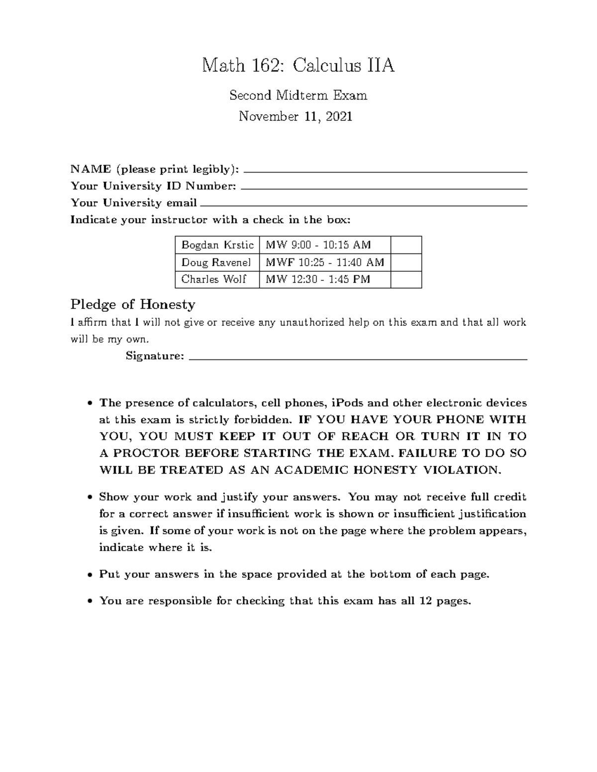 Math 162 second exam (practice problems) - Math 162: Calculus IIA Second Midterm Exam November ...