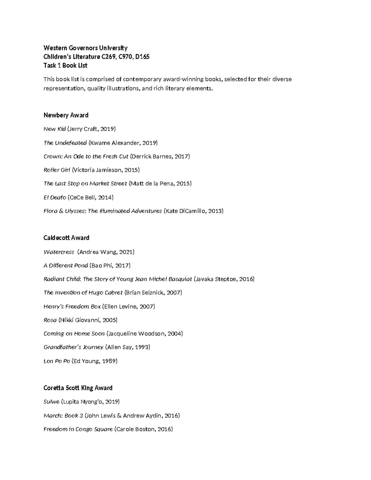 Book List - Task 1 - Western Governors University Children’s Literature ...
